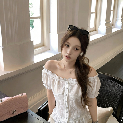 SQ-好款韩系甜美提花短袖修身显瘦上衣小衫(可拉一字肩)YS1-3305Q