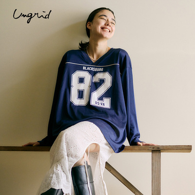 Ungrid2025春季新品宽松百搭V领网眼数字印花长袖上衣1125127128