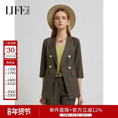 莱芙艾迪儿女装休闲西服经典条纹五分袖西装外套女1W3W68002