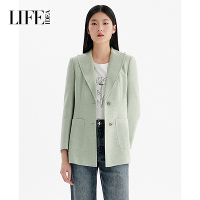 莱芙艾迪儿法式小香风银葱绿西装外套女经典简约百搭通勤中长外套