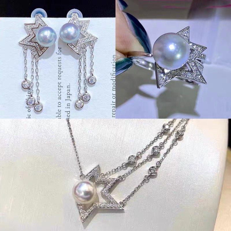 DIY配件 S925纯银五角星珍珠套装空托吊坠耳钉戒指三件套手工银托_虎窝淘