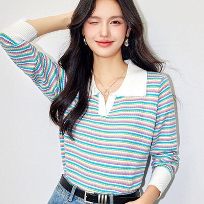 R3196霓虹条纹撞色polo领长袖t恤女弹力针织衫修身显瘦上衣春装新