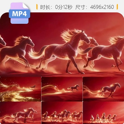 高清红色背景骏马奔腾大气年会舞台金色粒子飘带万马奔腾视频素材