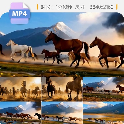 高清万马奔腾贺岁草原骏马雪山沙漠奔跑自然风光成群蓝天视频素材