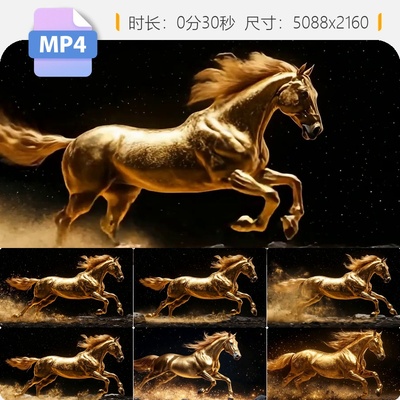高清金马奔腾扬尘 万马奔腾黄金粒子马奔跑 黑金骏马视频素材