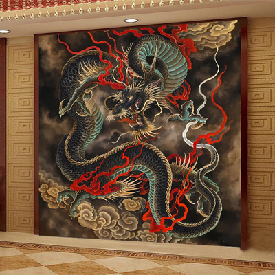 青龙壁纸纹身店装饰背景布墙布背景墙布日式老传统定制墙纸壁画