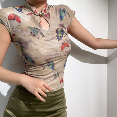 BERAN 复古新中式旗袍立领镂空蝴蝶印花网纱弹力修身无袖T恤上衣