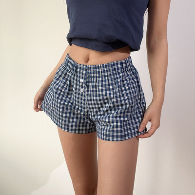 BERAN 美式辣妹格子阔腿短裤女海边低腰松紧腰纽扣休闲居家热裤