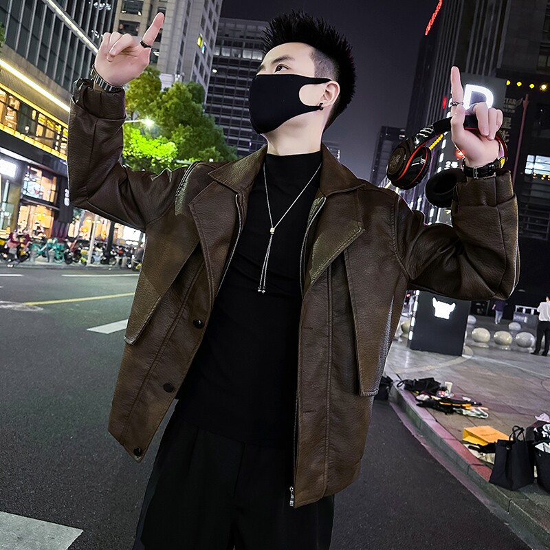 假两件外套男士秋季2025新款超火男皮衣秋装高级感痞帅机车皮夹克
