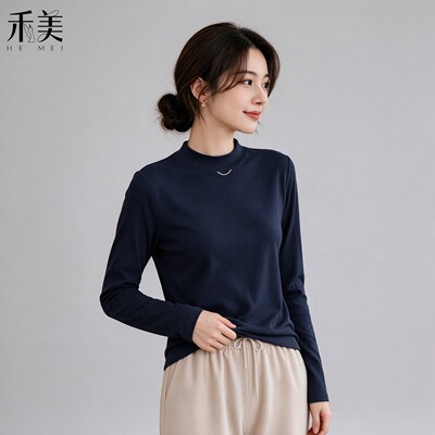半高领打底衫女士秋冬新款修身长袖内搭显瘦套头纯色磨毛上衣女装