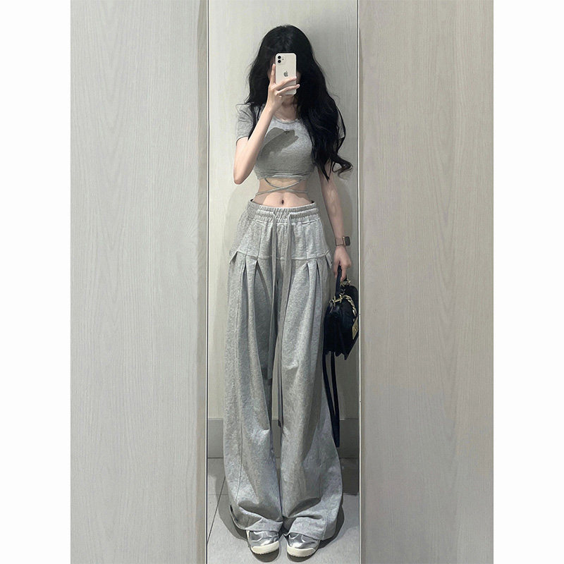 灰色宽松高腰直筒休闲裤女美式高街阔腿裤设计感拖地加长运动裤子