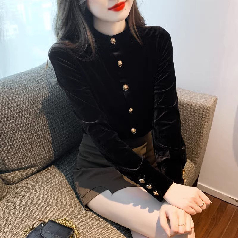 黑色丝绒衬衫女2025春秋新款设计感金属扣时尚气质减龄小立领衬衣