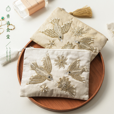 〈青森食堂〉日本入手工串珠刺绣飞鸟猫咪植物收纳包拉链化妆袋