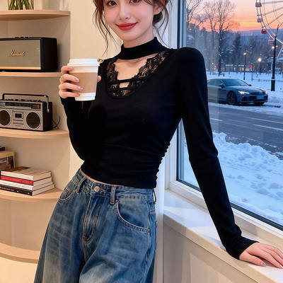 大码蕾丝V领挂脖长袖显瘦T恤女