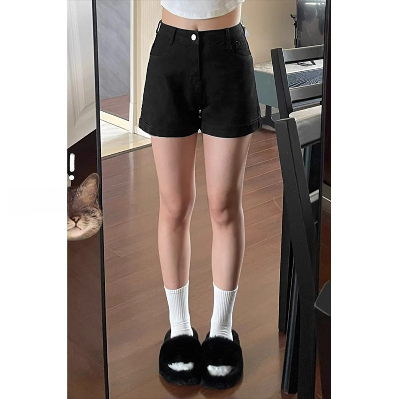 黑色高腰牛仔短裤女夏薄款大码胖mm遮肚显瘦弹力梨形身材a字热裤