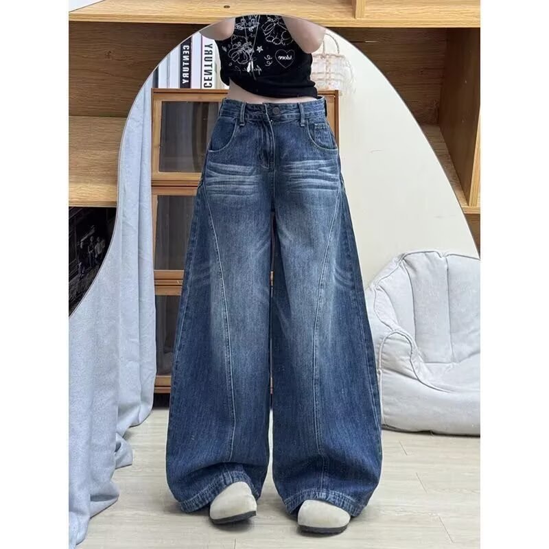美式街头休闲廓形弯刀牛仔裤女春秋设计感宽松阔腿垂感拖地长裤子