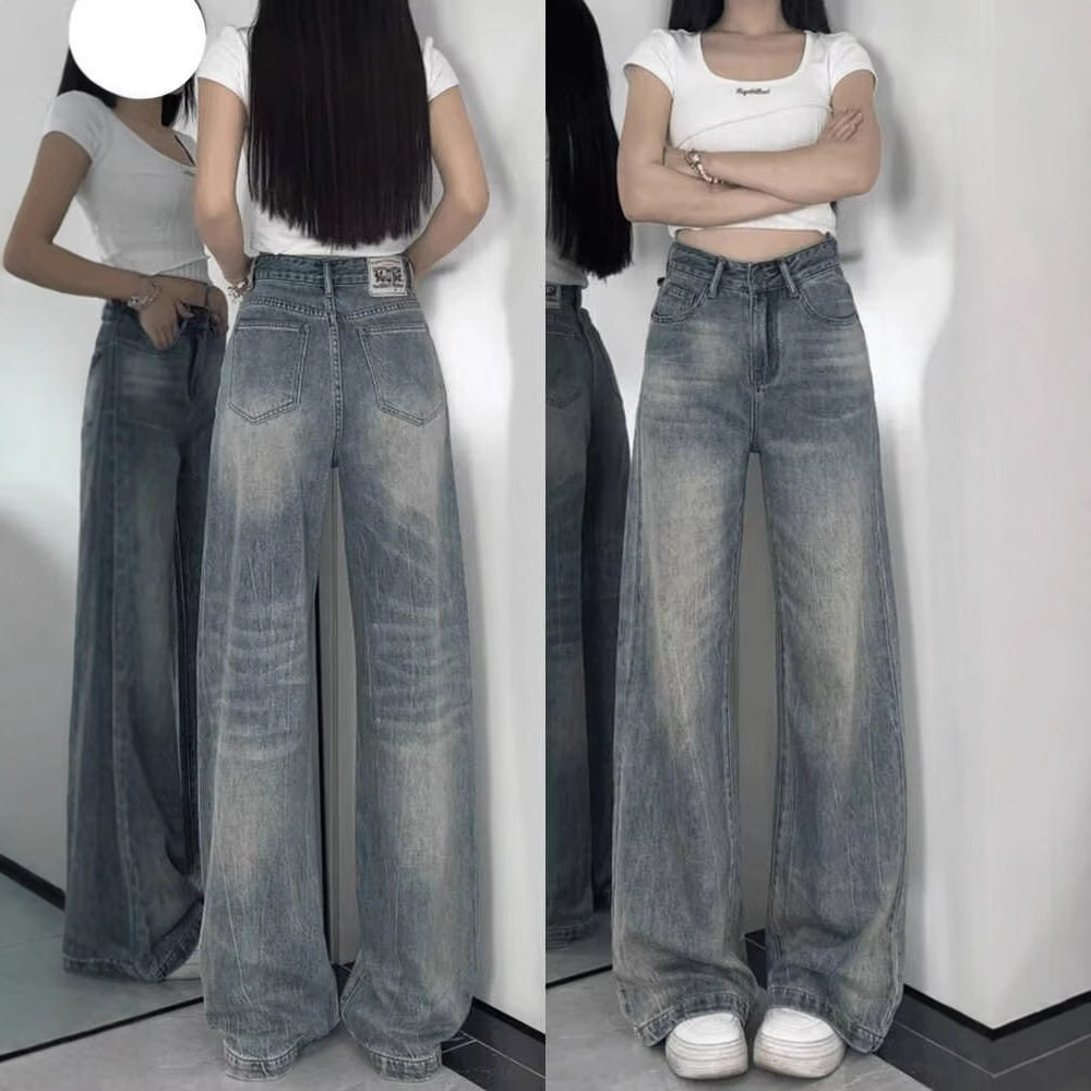慵懒松弛感阔腿牛仔裤女夏季薄款复古美式大码宽松显瘦高腰直筒裤