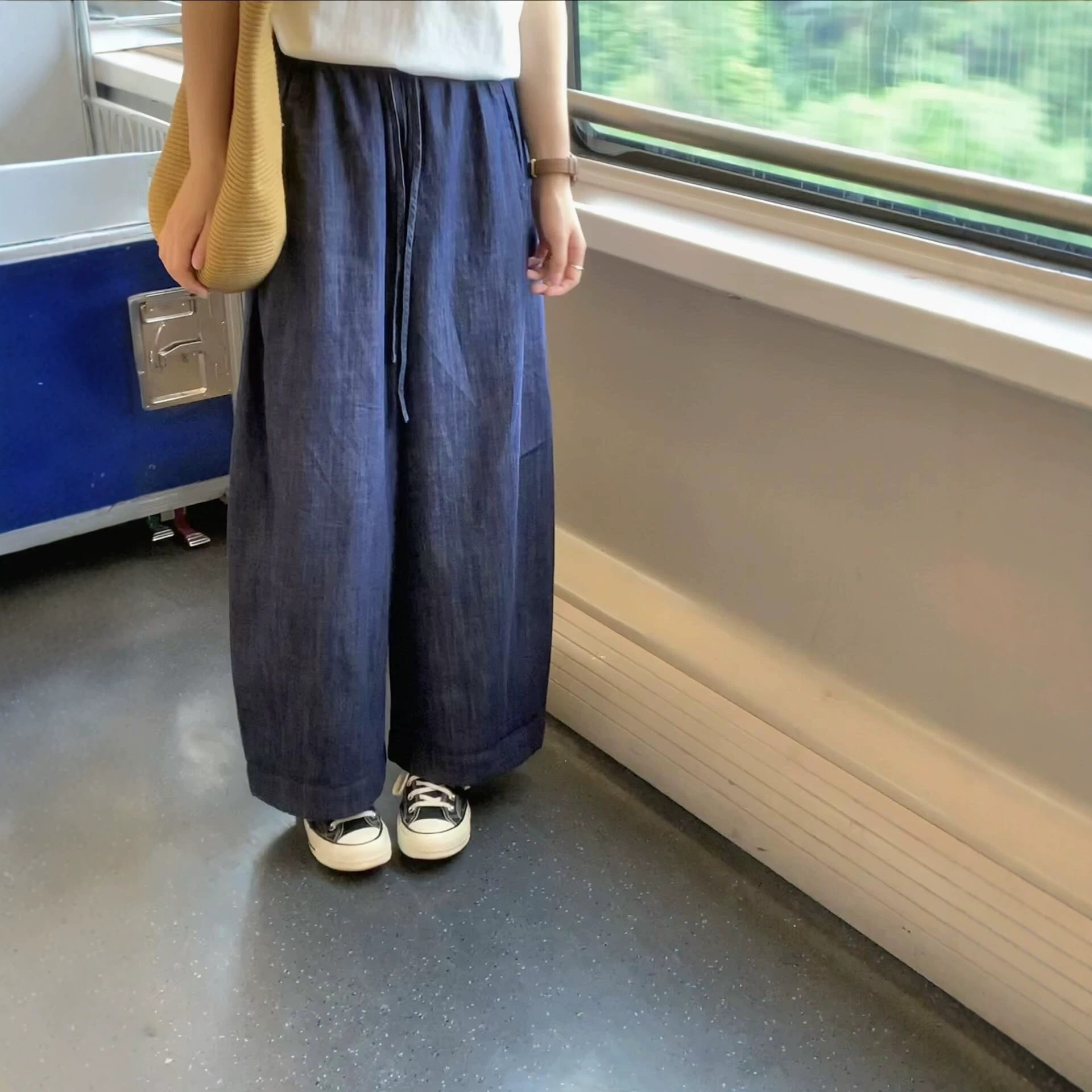 复古深蓝色牛仔裤日系松紧腰高腰宽松奶奶裤阔腿休闲裤九分直筒裤