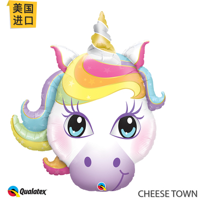 美国进口先锋Qualatex独角兽头铝膜气球女孩神兽超萌动物彩色大眼