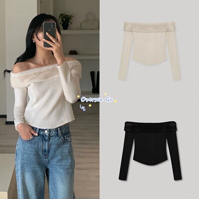 氛围感修身一字肩毛毛领长袖t恤