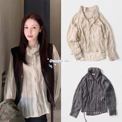 现货韩国verso 26新款设计感系带可调节高领侧开叉格纹长袖衬衫女