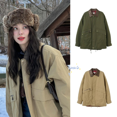 格子内衬外套夹棉复古撞色