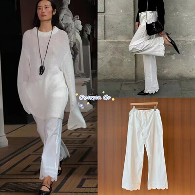 白色刺绣花边抽绳直筒休闲裤长裤