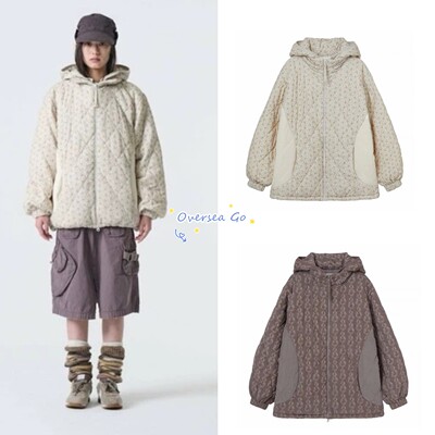 在途韩国 aeae 26冬季新款甜美少女宽松小碎花连帽棉服夹克外套女