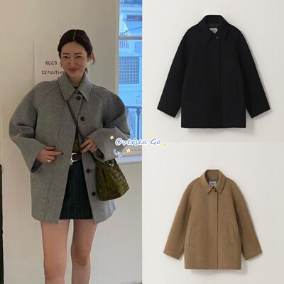 现货 韩国PEBBLEM 车静媛同款 气质翻领毛呢廓形羊毛大衣外套女