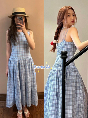 格子甜美小清新吊带连衣裙