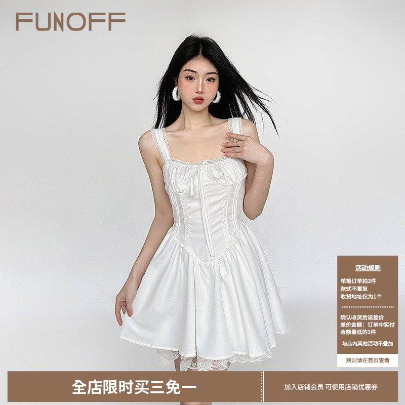 FUNOFF 初恋#法式气质褶皱白色蕾丝拼接吊带连衣裙黑色收腰裙子