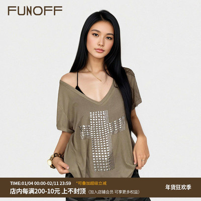 美式街头V领烫铜十字架斜肩短袖T