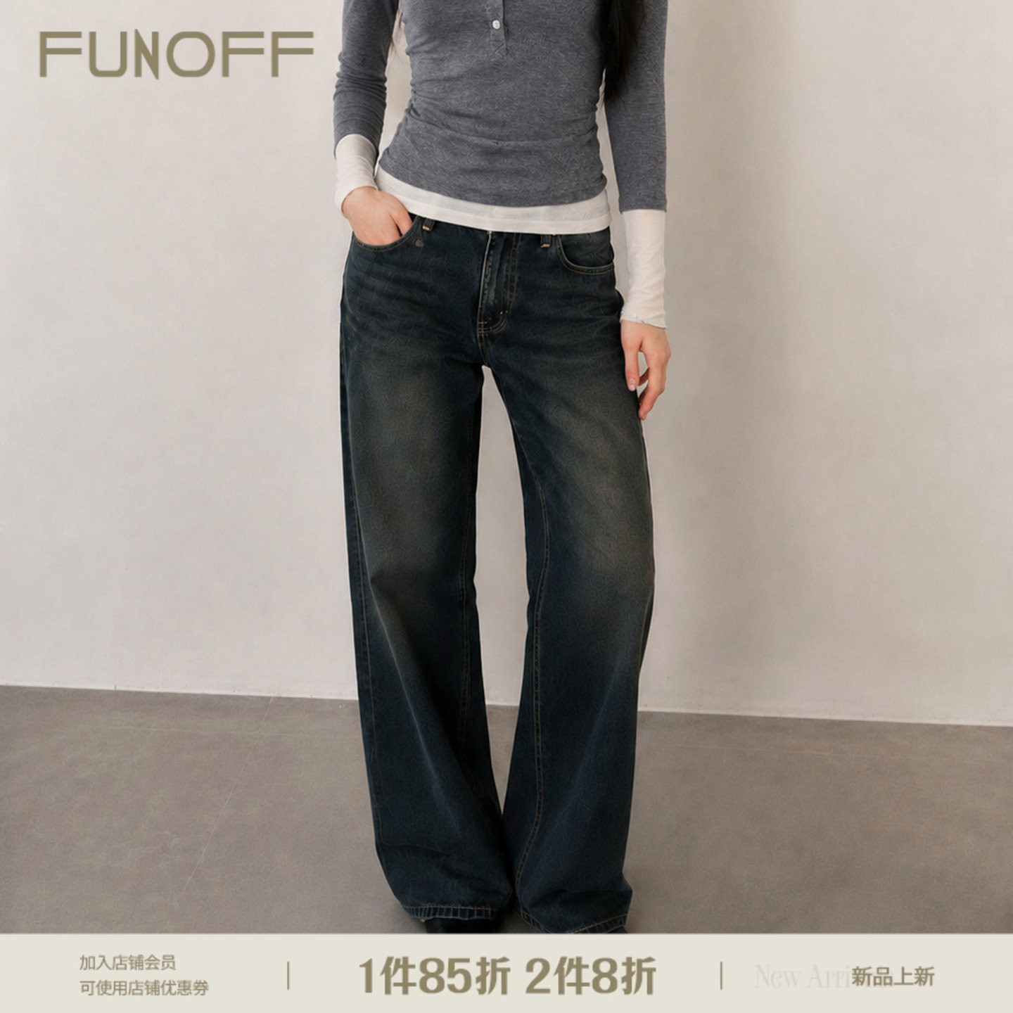 FUNOFF 复古黑色纯棉洗水低腰直筒牛仔裤2026秋宽松垂感阔腿长裤