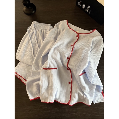 法式复古撞色长袖纯棉睡衣女套装