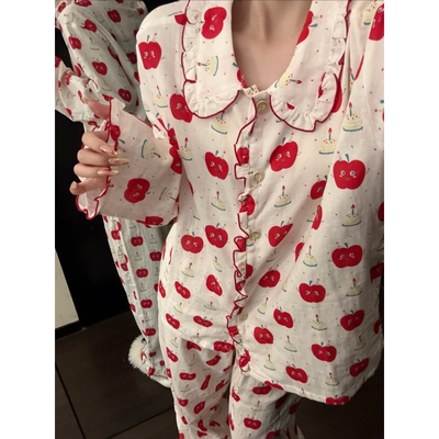 甜美元气红苹果印花睡衣女春秋季