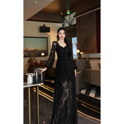 【尤克菲儿】原创法式轻奢名媛气质蕾丝亮片修身显瘦春秋连衣裙