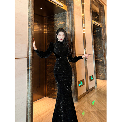 YOUKEFEIER原创设计轻奢丝绒珠片长裙拼接亮片气质优雅修身连衣裙