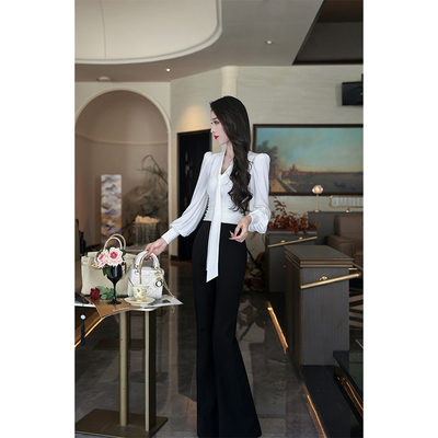 【尤克菲儿】轻奢设计高定水晶麻气质优雅上装气质纯色飘带上衣