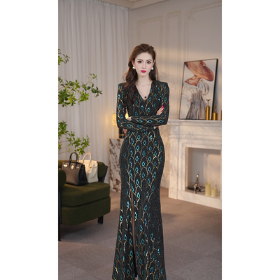 尤克菲儿  原创轻奢高定针织亮丝烫片裙显瘦气质法式连衣裙