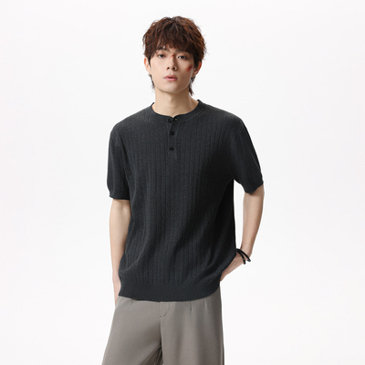 亨利领竖纹针织短袖T恤男夏季