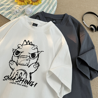 RX锐序 美式复古小怪兽短袖T恤男夏季潮牌宽松酒红色情侣款