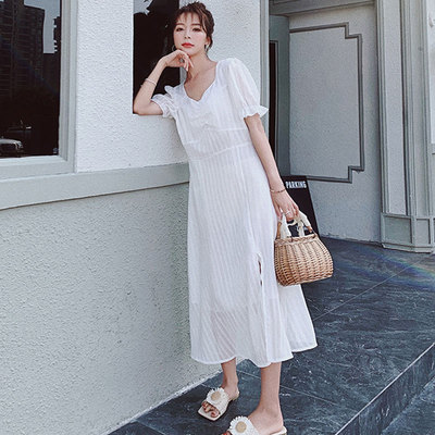 复古茶歇裙子白色夏季温柔风