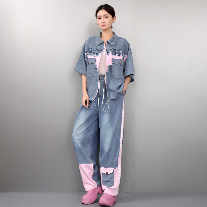 2026夏季女牛仔套装撞色绣花拉链短袖上衣阔腿裤两件套时尚宽松