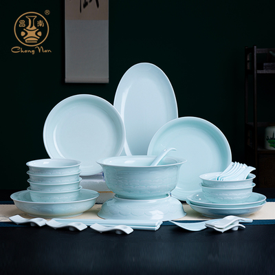 景德镇高温影青瓷6人餐具套装昌南旗舰店官方正品盘子碗碟碗筷
