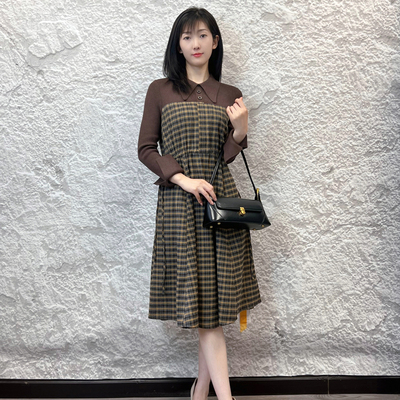 秋冬拼接格子抽绳假两件连衣裙