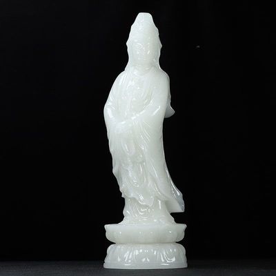 白玉观音摆件阿富汗玉佛像供奉禅意寺庙家用祠堂莲花站观世音菩萨