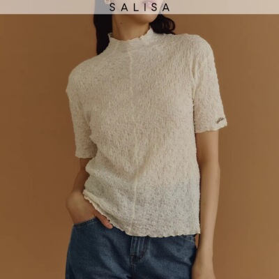 泰国潮牌 salisa 纯棉半高领棉麻褶皱短袖