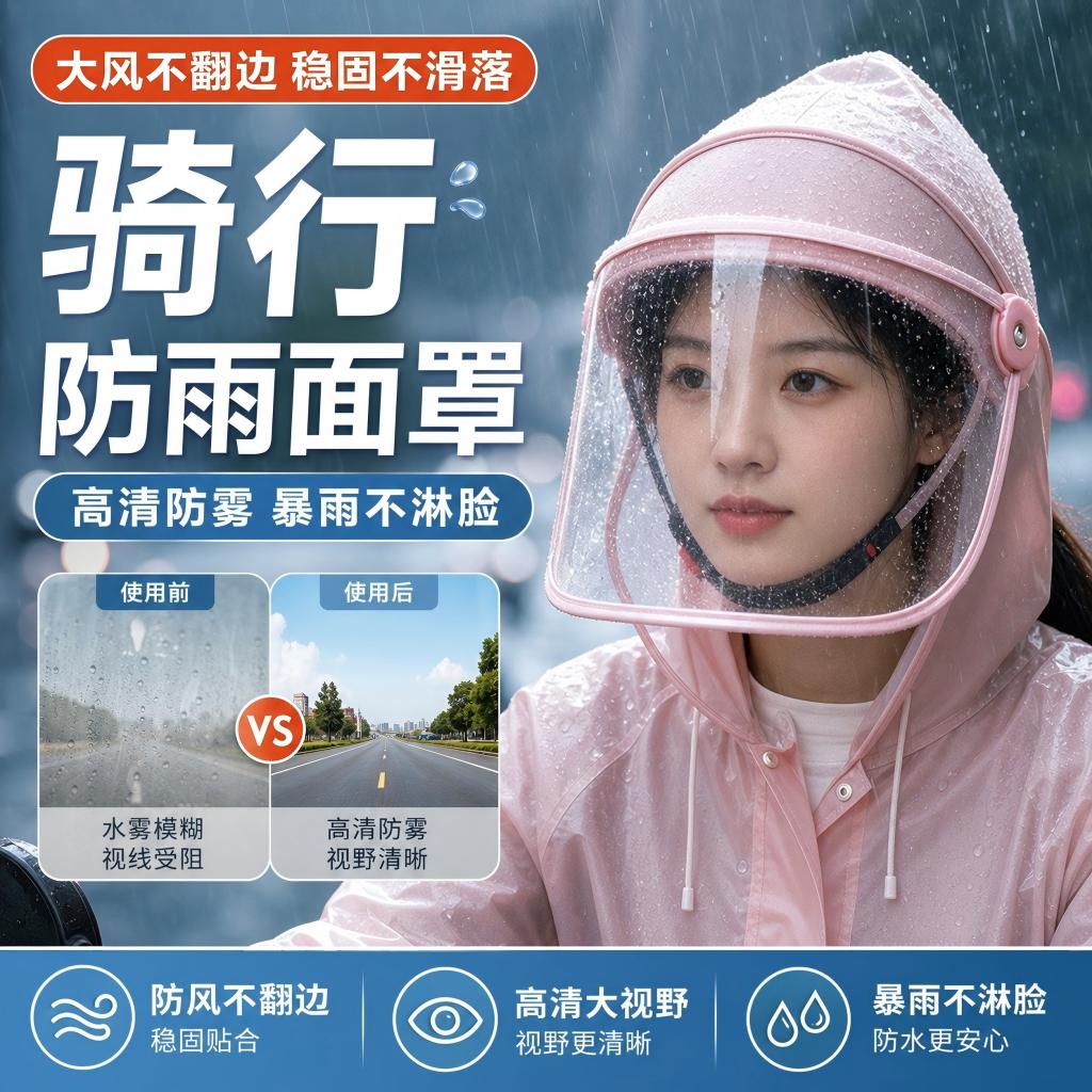 骑行防雨面罩户外遮雨帽骑电动车防雨防风帽女护脸透明面罩挡雨帽