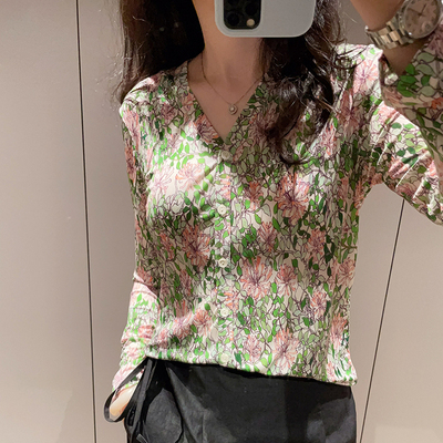 春季新品粉绿碎花V领42针真丝针织长袖开衫修身显瘦桑蚕丝上衣