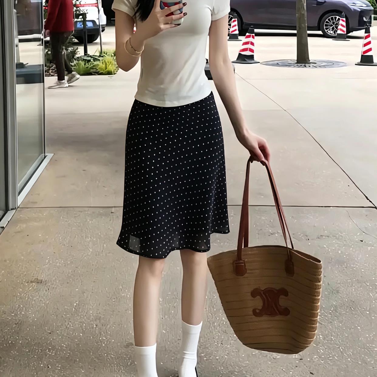 黑色波点半身裙女夏高腰显瘦 a字裙轻薄垂感鱼尾裙小个子百搭裙子